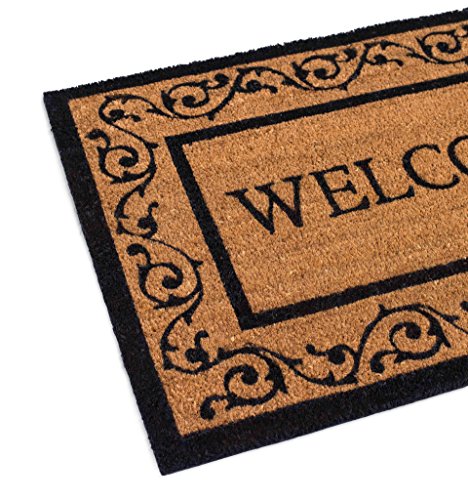 BirdRock Home Welcome Coir Doormat with Scroll Border - 24 x 36 Inch - Oversized Welcome Mat with Black Border and Natural Fade - Vinyl Backed - Outdoor
