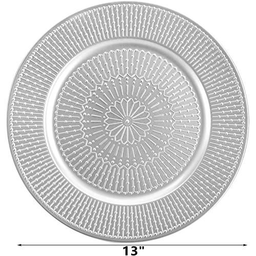 DEAYOU 12 Pack Round Charger Plate, 13-inch Silver Beaded Chargers for Dinner Plates, Plastic Reusable Charger Plate, Decorative Charger Platters for Wedding, Table Setting, Party, Event, Holiday