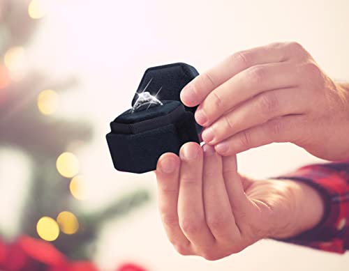 BLUTETE Hexagon Velvet Jewelry Single Slot Ring Box Engagement Wedding Box Keepsake Box Bridal Photo Ring (Black)