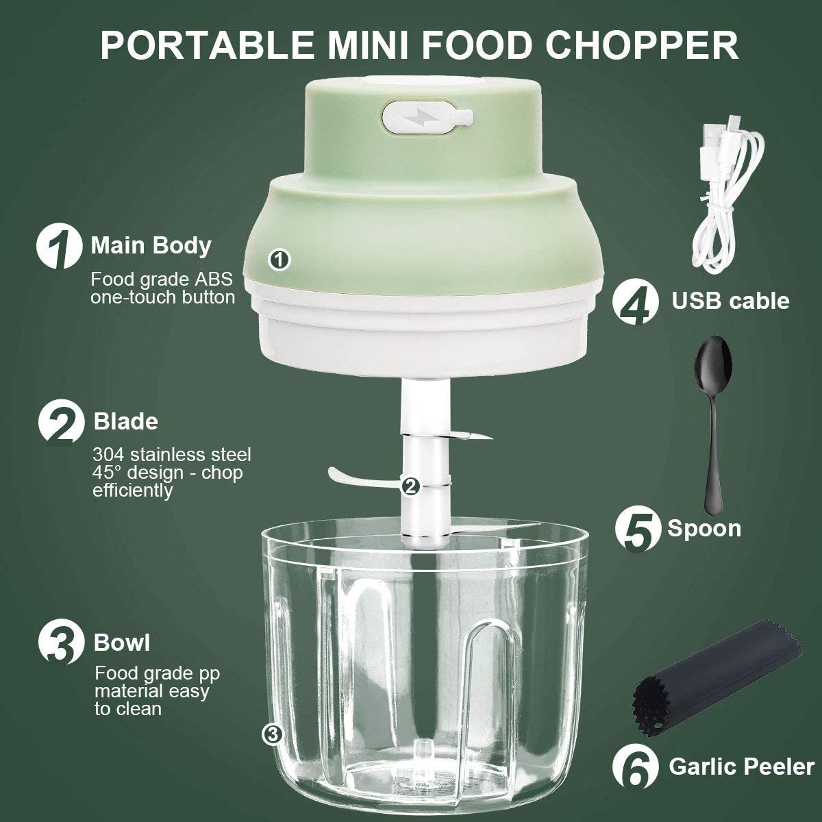 Electric Garlic Chopper Mini, Garlic Masher Mincer Crusher Pepper Chili Nuts Meat Grinder, Food Processor Small with Garlic Peeler And Spoon, 250ML/8.5FL OZ, Green