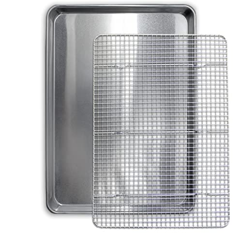 Commercial Quality Cookie Sheet and Rack - Aluminum Half Sheet Baking Pan and Stainless Steel Cooling Rack Set - This 13x18 Baking & Roasting Tray is Rust & Warp Resistant, Heavy Duty, of Thick Gauge