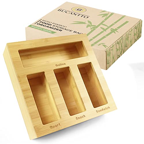 Bucantto Bamboo Food Storage Bag Organizer for Drawer, Compatible with Ziplock and Most Other Brands for Gallon, Quart, Sandwich & Snack Size Bags