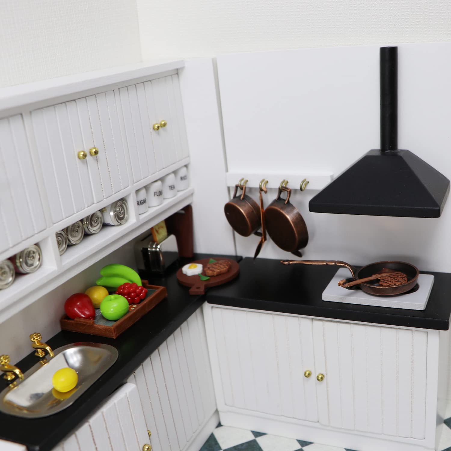 Dollhouse Kitchen Set Miniature Wooden Furniture Cabinet Dining Room Kitchen Kit 1/12 Scale Wooden Dollhouse Accessories (Style A)