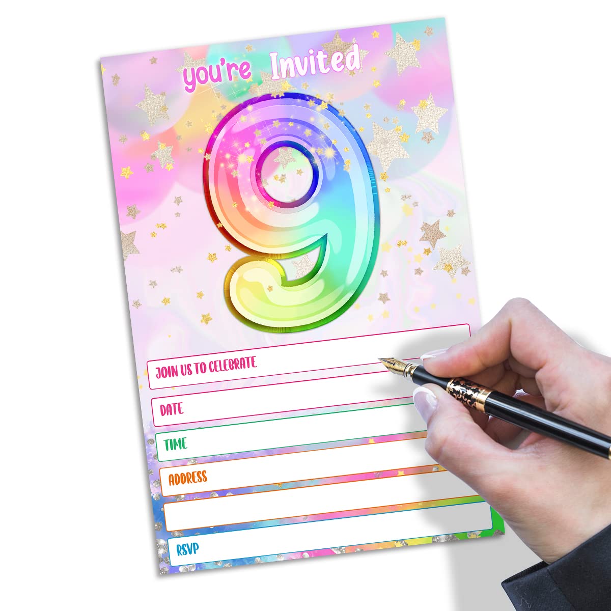 MUZRUYOU 9th Birthday party Invitation Cards, Rainbow Holographic invite with Envelopes(20 set