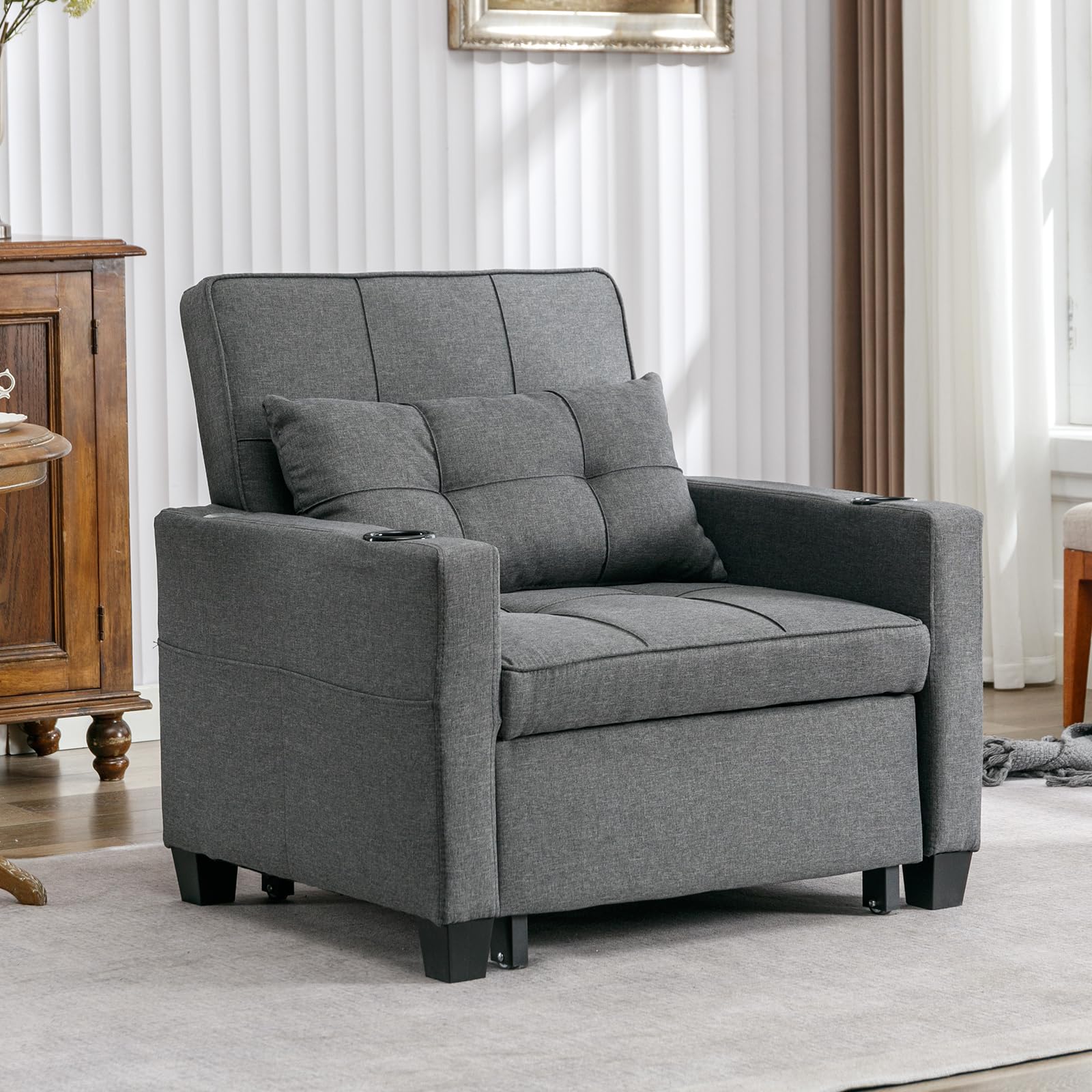 Purgreen Linen Sofa Futon Chair, Convertible 3-in-1 Pull Out Sleeper Chair Bed with USB Ports and Complimentary Pillow - Elegance, Comfort and Versatility in One, Grey