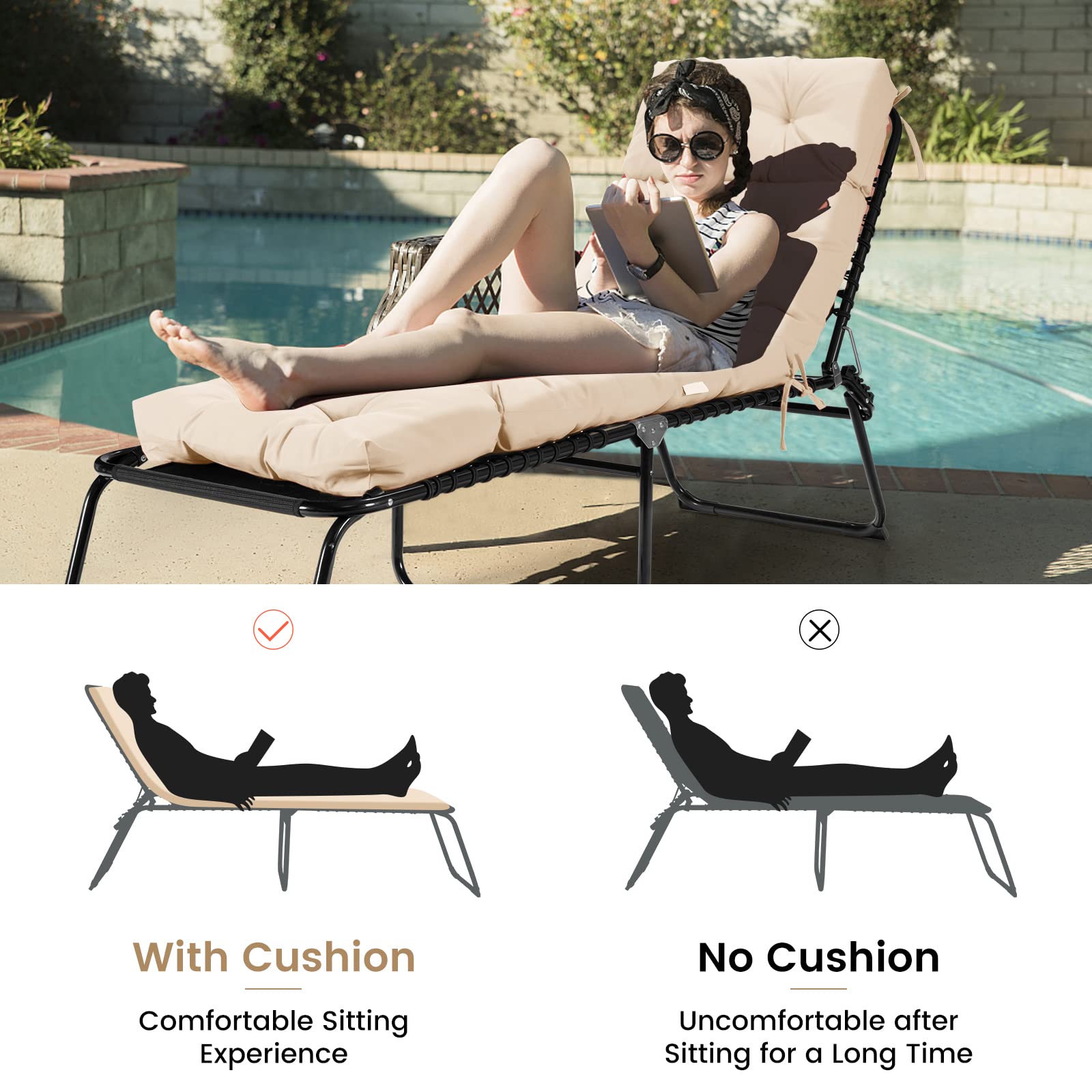 Chair, 72” x 22” x Chaise Lounge w/4 String Ties, Thickened, Tufted Patio Recliner for Outdoor Indoor Cushions, 1 Count (Pack of 1), Beige