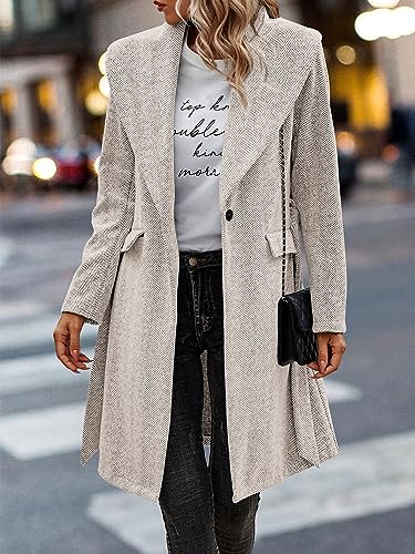 ECOWISH Women Coat Long Jacket: Winter Fashion Long Sleeve Lapel Casual Overcoat With Belt Beige Large