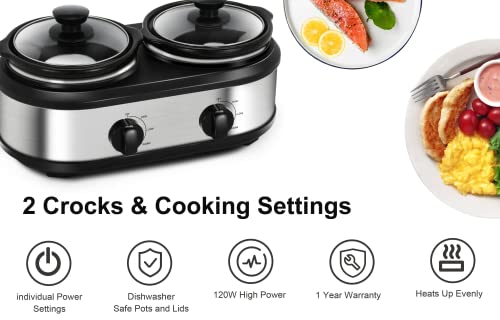 Dual Slow Cooker, Buffet Servers and Warmers with 2 X 1.25Qt, Tempered glass lids and Lid Rests, 3 Adjustable Temp, Stainless Steel