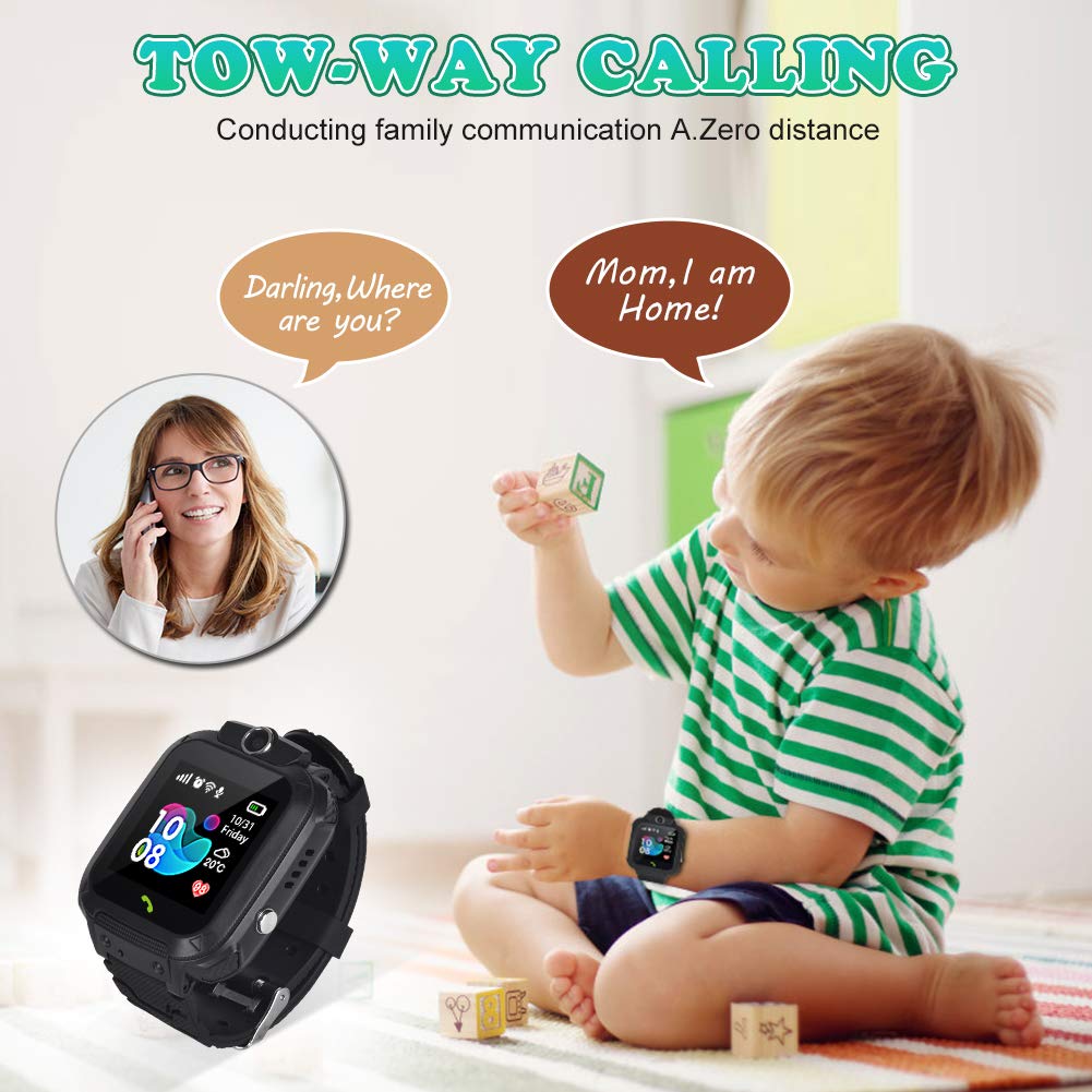 Kids Smart Watch, IP67 Waterproof LBS Positioning Watch HD Touch Screen, with SOS Two-Way Call Clock Camera SIM Card Slot Compatible with iOS and Android(Black)