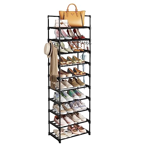 Fixwal 10 Tiers Shoe Rack for Closet, Tall Shoe Organizer Storage Shelf for 20-24 Pairs of Shoes and Boots, Narrow Metal Shoe Shelf with Hooks for Entryway Bedroom Hallway (Black)