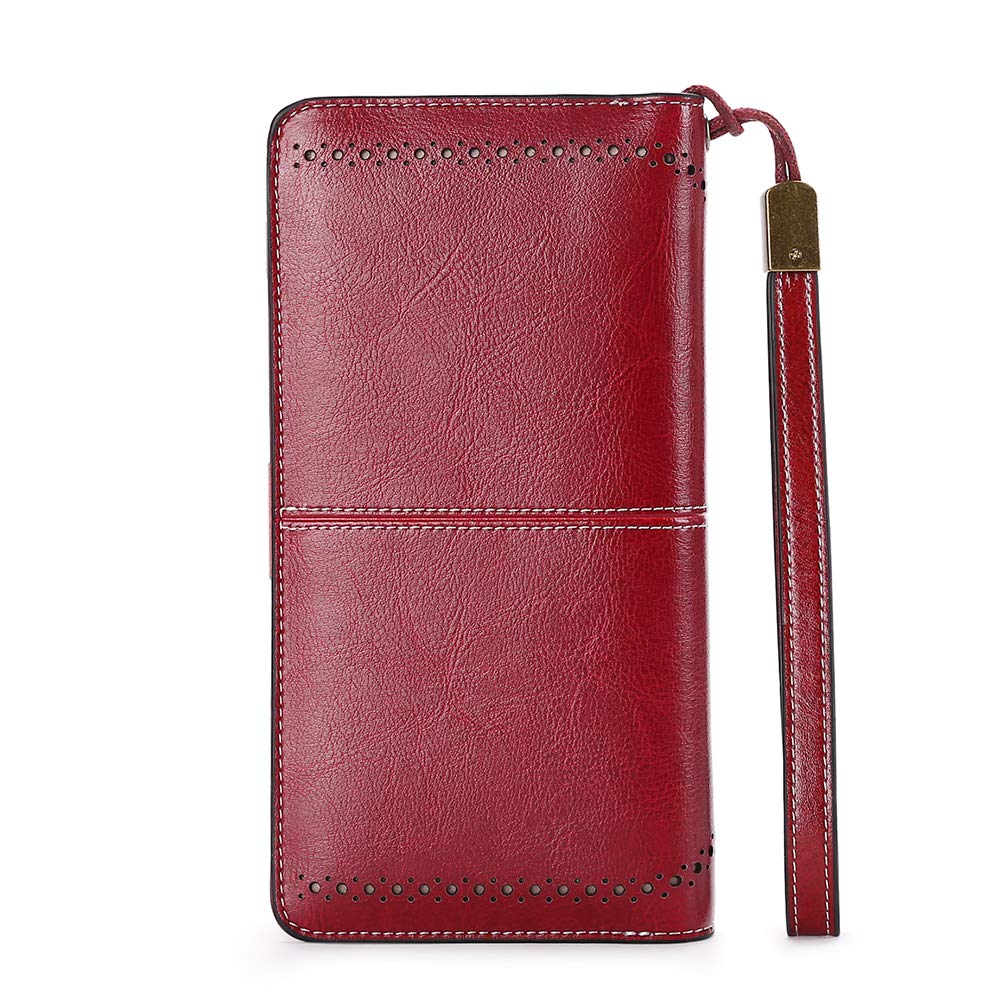 SENDEFN Genuine Leather Wallet for Women Clutch with Strap 24 Card Slots 2 ID Windows Cash Compartments 1 Zipper Pocket Credit Card Holder RFID Blocking Gift Box Included (Red-1)