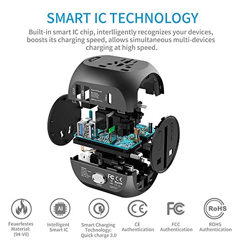 UPPEL Universal Travel Adapter Power Adapter All in One European Adapter Travel Converter with QC3.0&USB&Type-C Port Function Charger,Universal Plug Adapter Used in UK/US/EU AU/Asia(200 Countries)