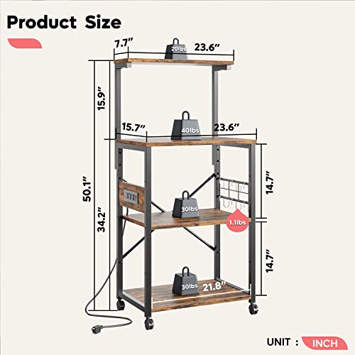 Bestier Bakers Rack with Power Outlet, 4-Tier Kitchen Microwave Stand, Coffee Bar with 6 S-Shaped Hooks, Rolling Storage Shelf Rack with Adjustable Shelf for Kitchen, Living Room - Rustic Brown