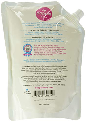 Dapple Refill Pack Baby Bottle and Dish Liquid, Fragrance Free, 34 Fluid Ounce