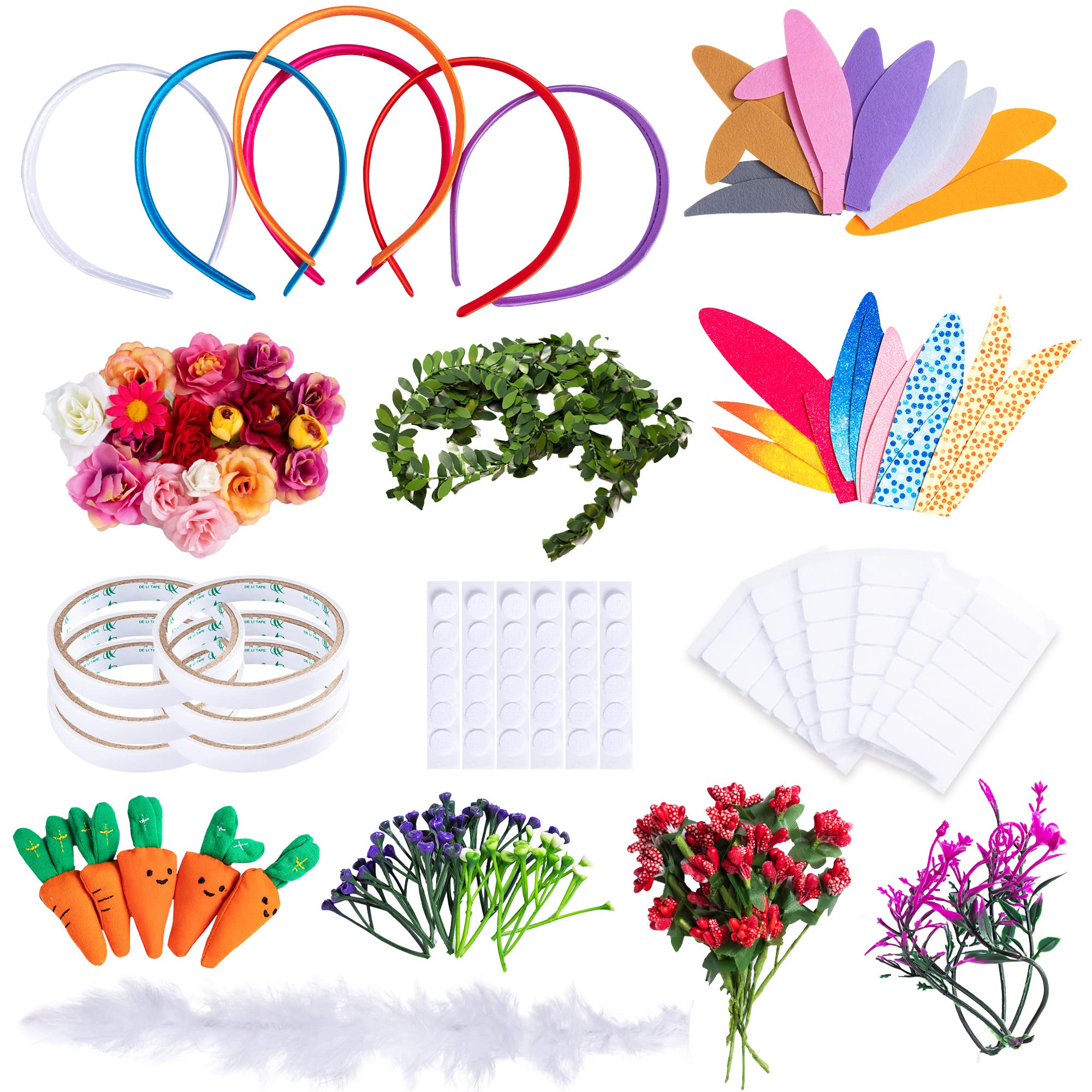 Klever Kits 6 Packs Easter Bunny Headbands Craft Kits Easter Rabbit Bunny Ears Flower Crown Headbands for Kids, Make Your Own Headband for Girls Easter Arts & Crafts Party Supplies, Easter Decorations