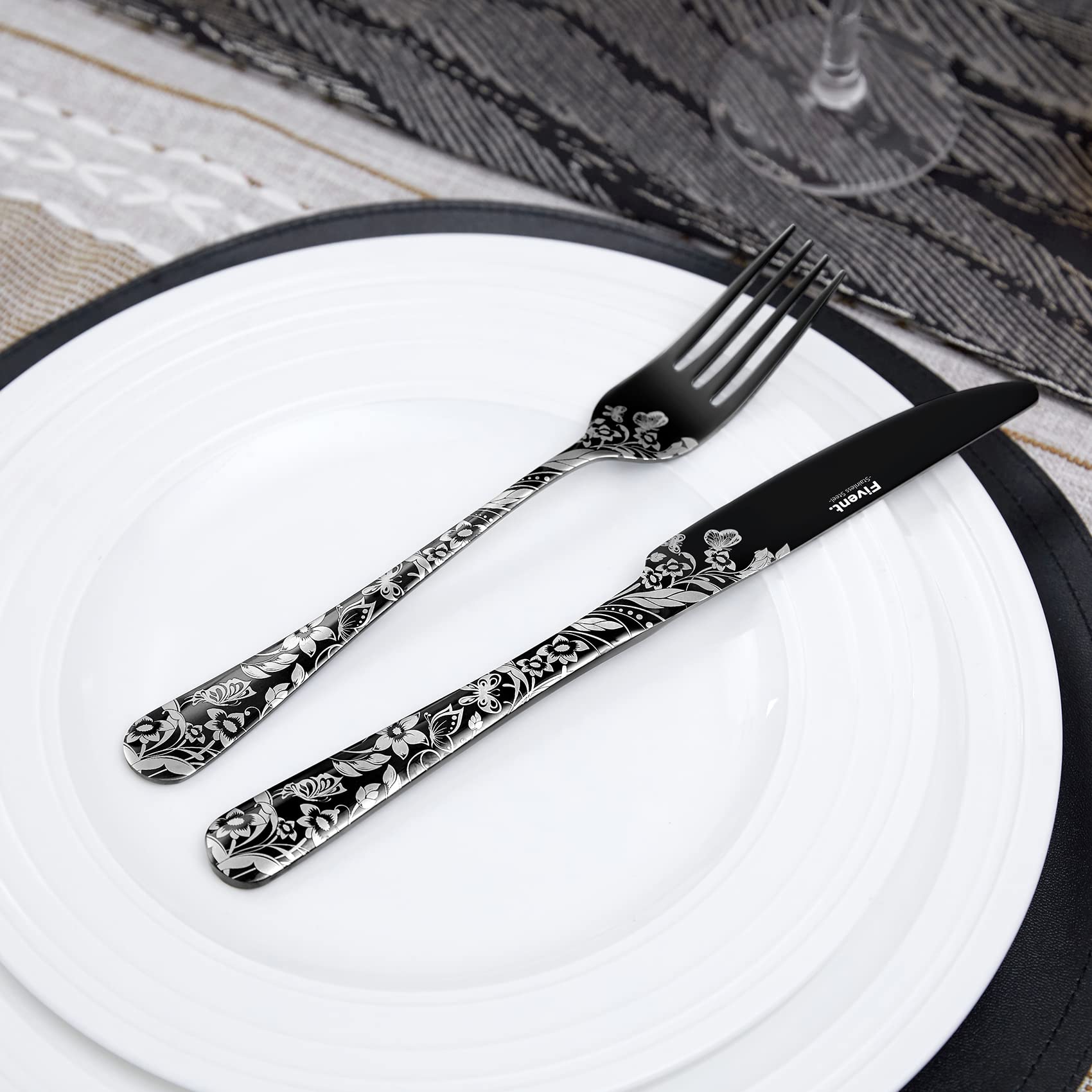 Fivent 24-Piece Black Butterfly Silverware Set, Service for 4, Stainless Steel Flatware Set with Steak Knives, Mirror Polished Cutlery Set, Hand Wash Recommended…