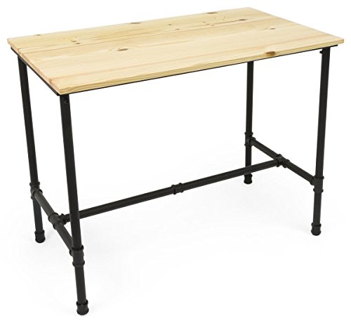 Displays2go, Large Pipe Display Table, Metal and Pine Wood Construction β Natural Finish, Black Hardware (PPLNNSTLRG)