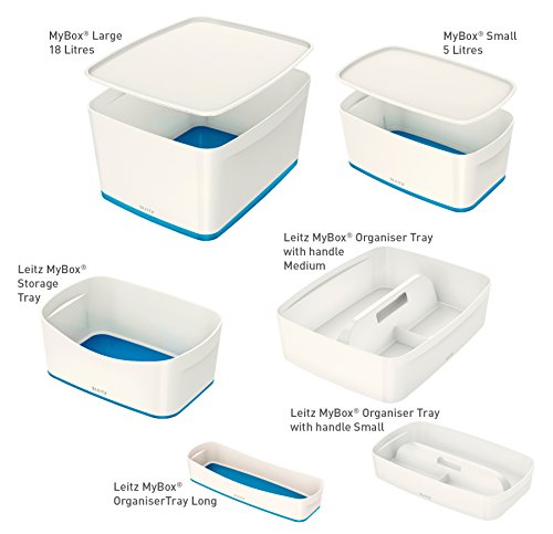 Leitz Small MyBox with Lid, Storage Box for Home and Office, High Gloss Plastic, 5 Litre, A5, White/Blue Metallic