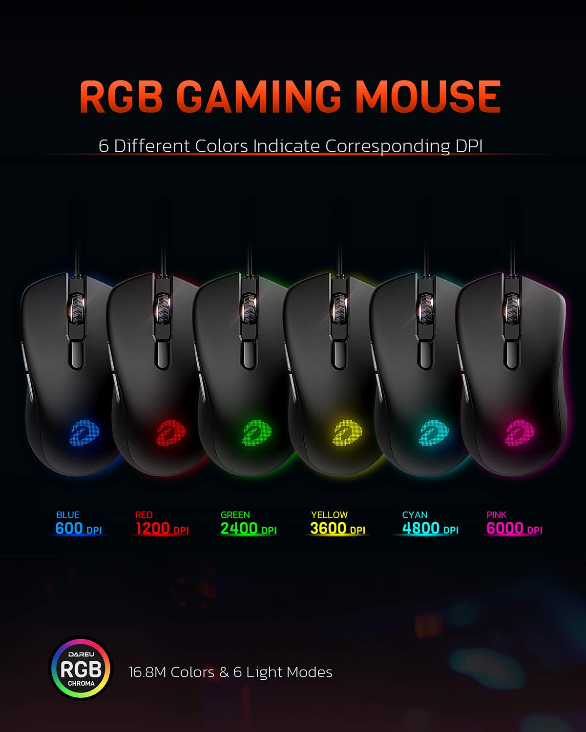 DAREU Wired Gaming Mouse, 6400DPI,6 Programmable Buttons, Ergonomic RGB Gaming Mouse with 16.8 Million Chroma 7 Backlit for PC, Laptop, and Notebook