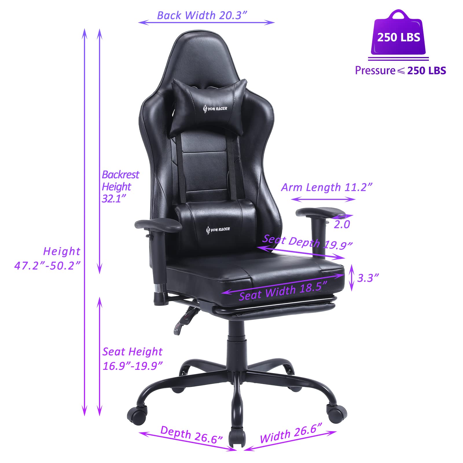 VON RACER Massage Gaming Chair with Footrest - Racing Desk Office Chair with Retractable Footrest and 2D Armrests, High Back Ergonomic Leather Computer Chair(Classic Black)