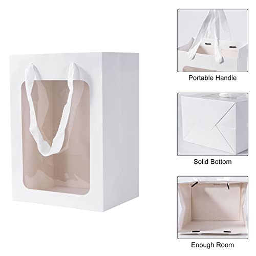 Dasofine 12pcs White Gift Bag with Window, Sturdy Paper Tote with Transparent Window, 7.1"×5.1"×9.8" Paper Gift Bags with Handles, Flower Bouquet Bags