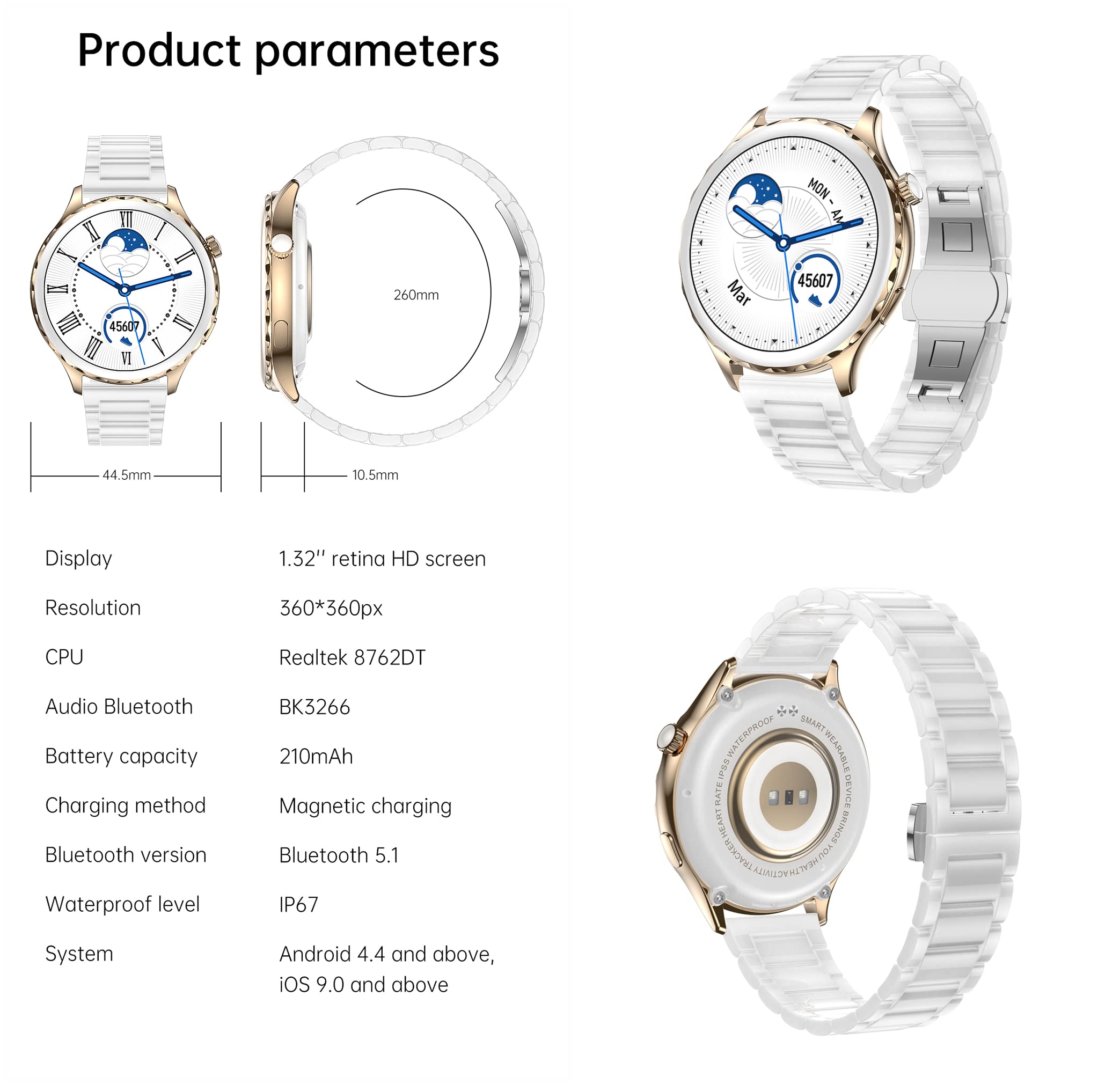 Aliwisdom Smart Watch for Women, 1.32" Round HD Screen Smartwatch waterproof Fitness Tracker Sport Watch Ceramic strap White for iPhone Android with Bluetooth Phone Call and Text Messaging (Rose Gold)