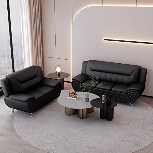Container Furniture Direct Michael Modern Faux Leather Upholstered Stainless Steel Legs Living Room Loveseat, Black