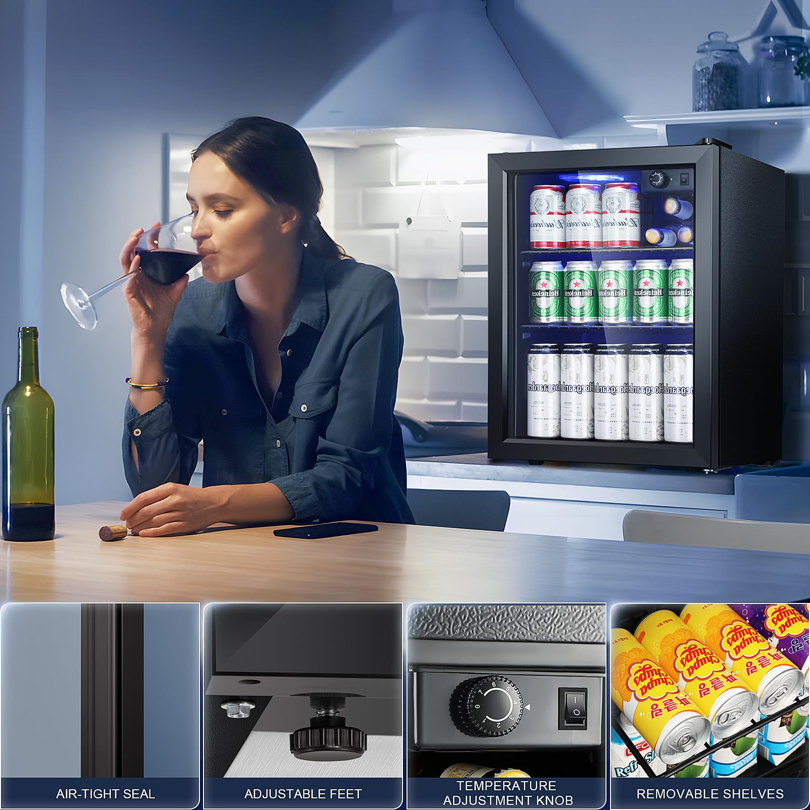 Antarctic Star Beverage Refrigerator Cooler-68 Can 16 Bottle Mini Fridge for Soda Beer Wine Champagne,Glass Door, Drink Dispenser, Knob Control,for Home and Bar,1.7Cu.Ft,Black…