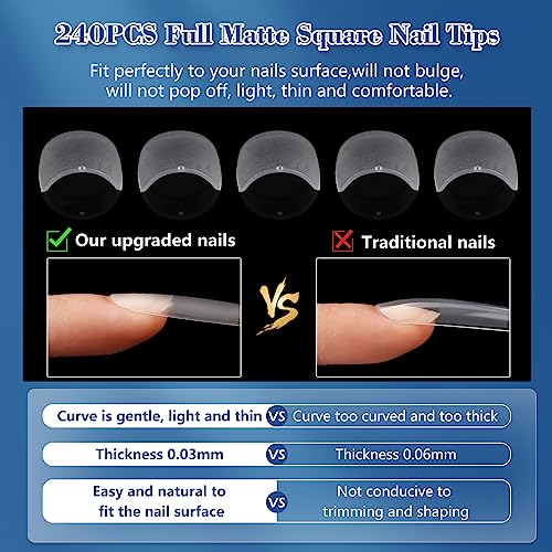 Clear Square Nail Tips, Gel Nail Tips for Acrylic Nails Professional,240PCS XL Nail Tips Full Matte Full Cover Straight Square Nail Tips, Slightly C Curve French Nail Tips Use for Nail Extension