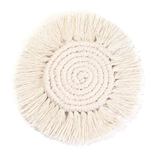 Saurya 100% Cotton Hand Knitted Bohemian Macrame Coasters for Table, Desk, Wall, Garden | Set of 2 | Moisture Absorbent | Protects Surface from Stains | Great for Gifting (Ivory)