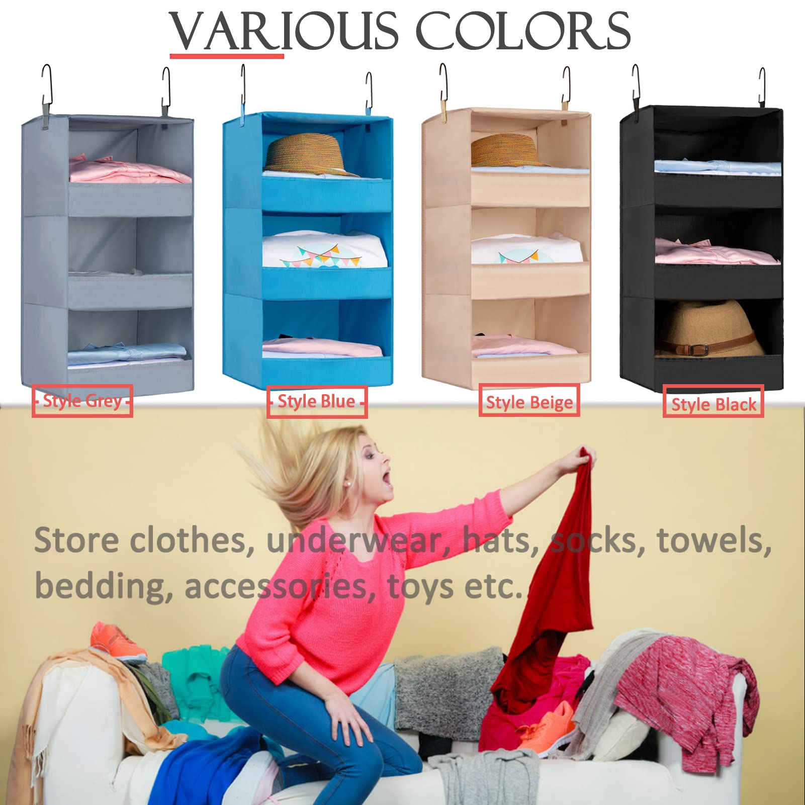 DonYeco 3-Shelf Hanging Closet Organizers and Storage, Collapsible Closet Storage Organizer, for RV Wardrobe Camp, Hanging Organizer for Shoes Toys Baby Clothes