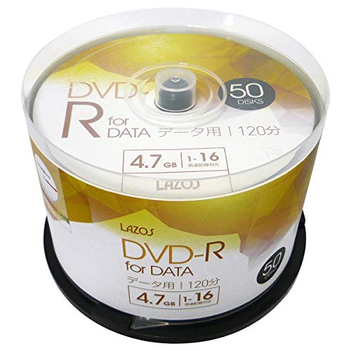 Lazos L-DD50P DVD-R, 4.7 GB for Data, Supports 1 to 16x Speed, Single Recording, White Wide Printing, 50 Sheets, Spindle Case Included