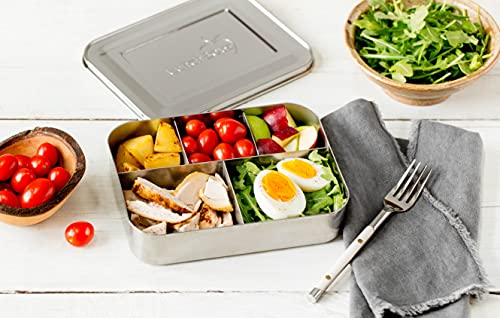 LunchBots Large Cinco Stainless Steel Lunch Container - Five Section Design Holds a Variety of Foods - Metal Bento Box - Dishwasher Safe - Stainless Lid - Stainless Steel