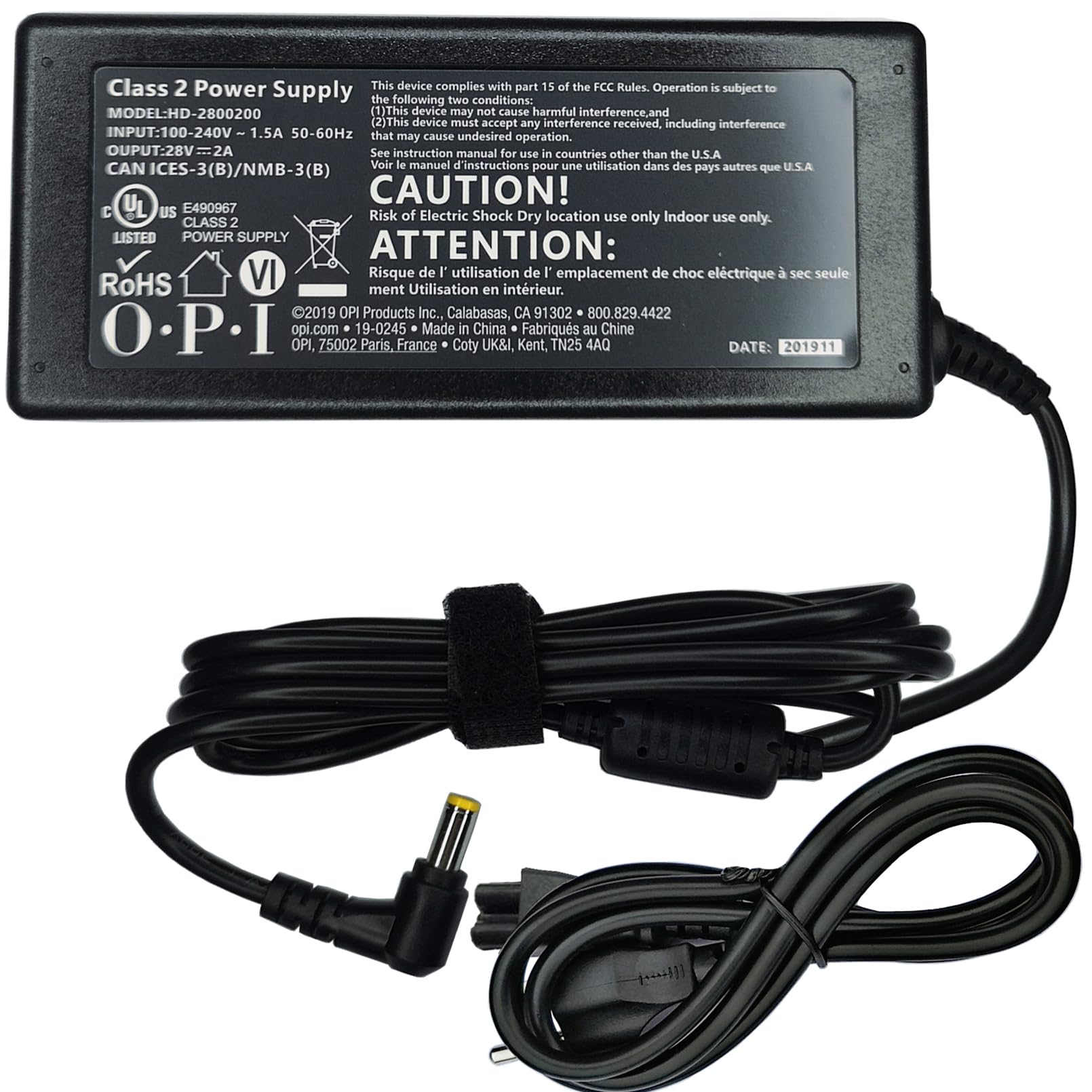 OEM Genuine 28V 2 UL AC/DC Adapter for OPI GL902 GL 902 GL902-US AU UK EU Professional Color LED Nail Lamp Studio Light O.P.I HD-2800200 PMW280200 HD2800200 28VDC 2 A Class 2 Power Supply Cord Charger