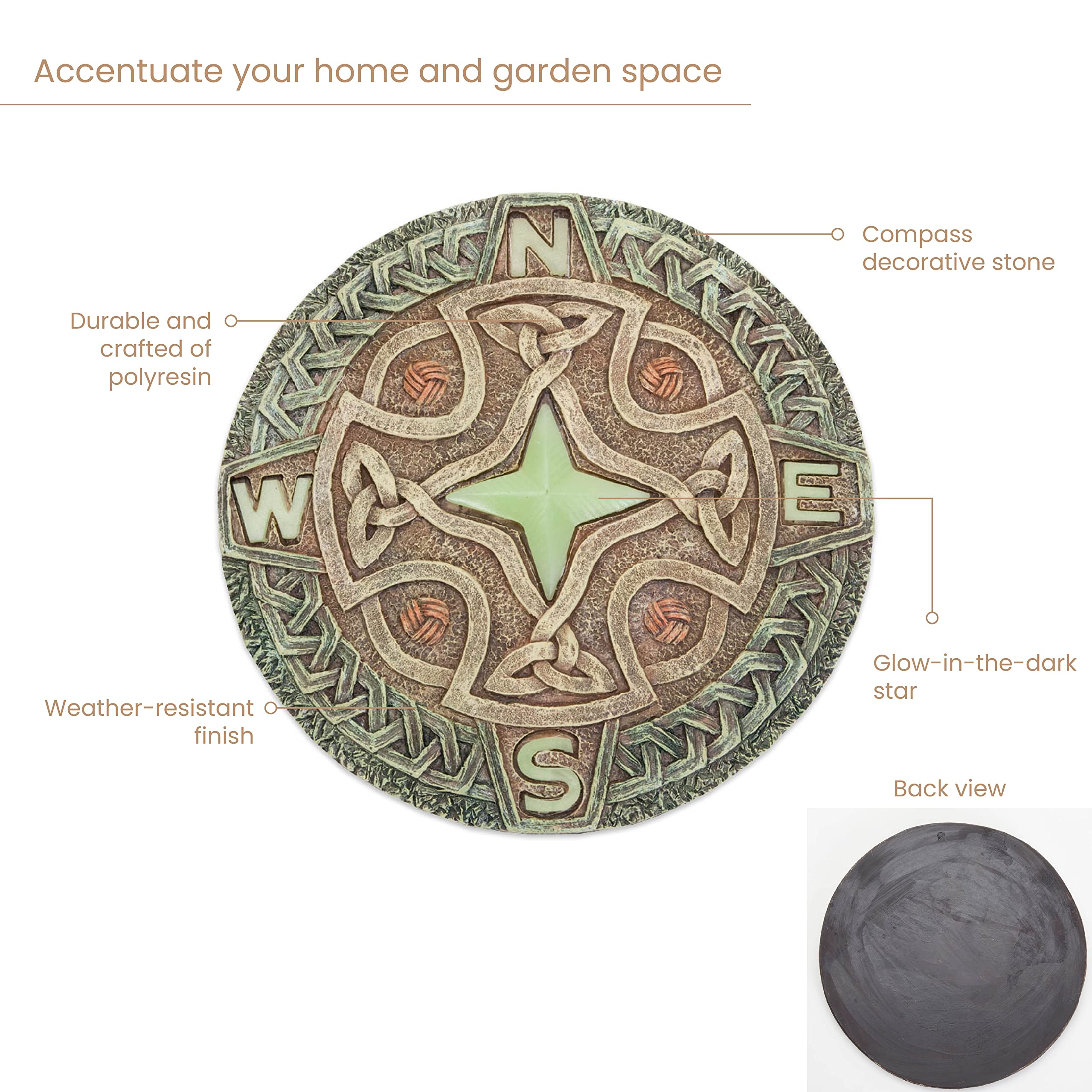 Bits and Pieces - 10β Glow-In-The-Dark Celtic Compass Decorative Stone - Yard Decoration β Beautiful Lawn/Garden Stone