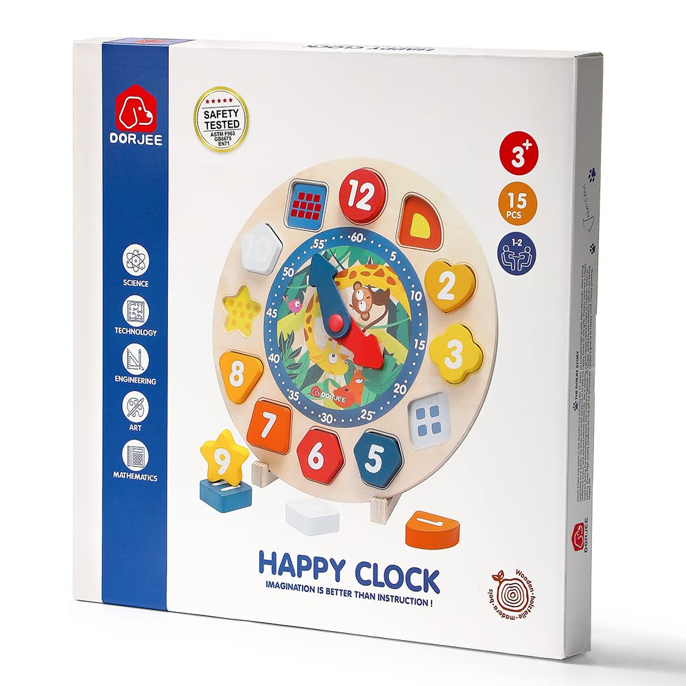 Dorjee Shape Sorter Teaching Clock, Learning Time Clock for Kids , Montessori Toys with 12pcs Removable Number Blocks, Display Holder Included