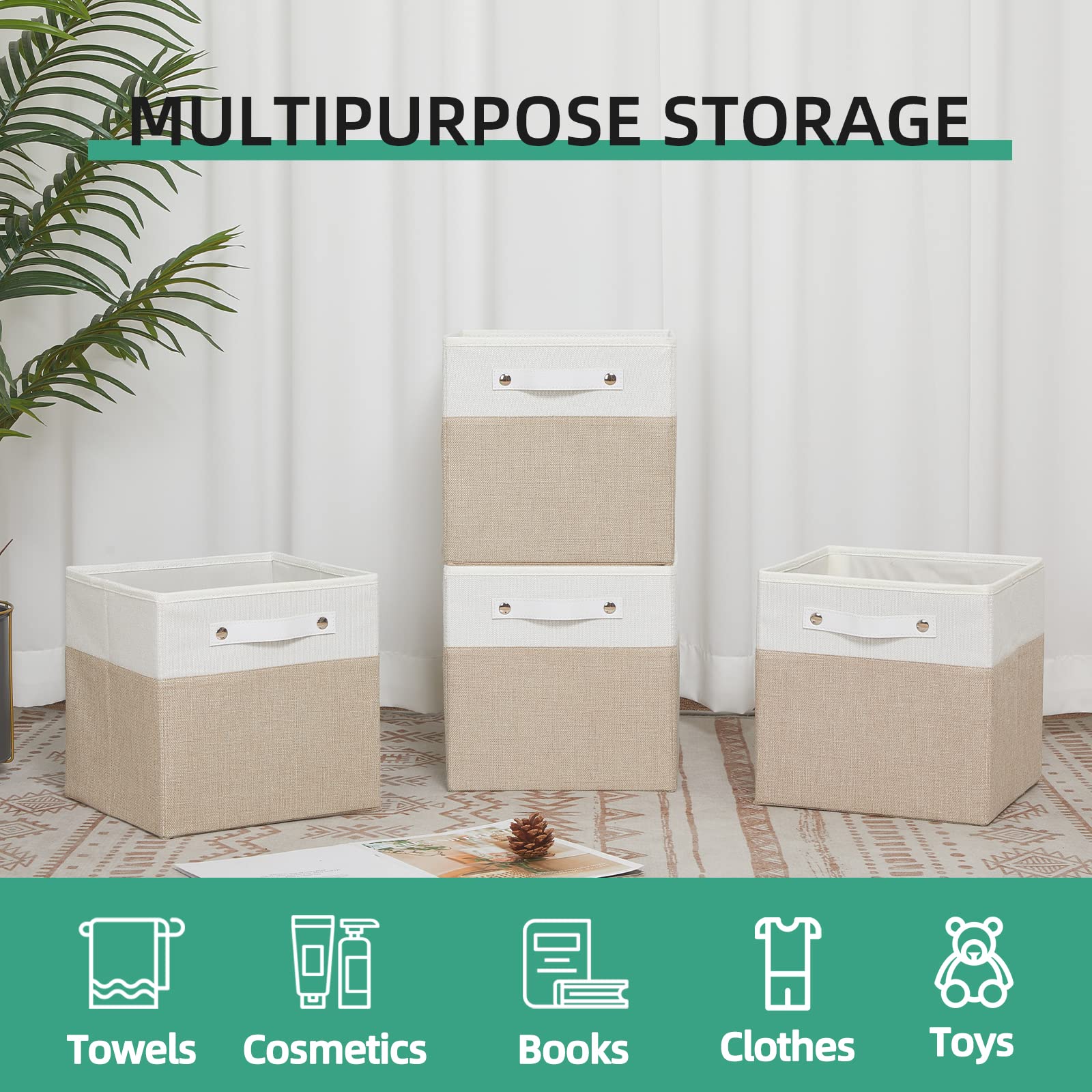 Bidtakay Cubes Baskets for Organizing 11 X 11 X 11 inch Collapsible Fabric Storage Boxes 4 Pack Stackable Beige Cube Storage Organizer Bins For Home Closet Shelves Office Bedroom Nursery Toy Storage