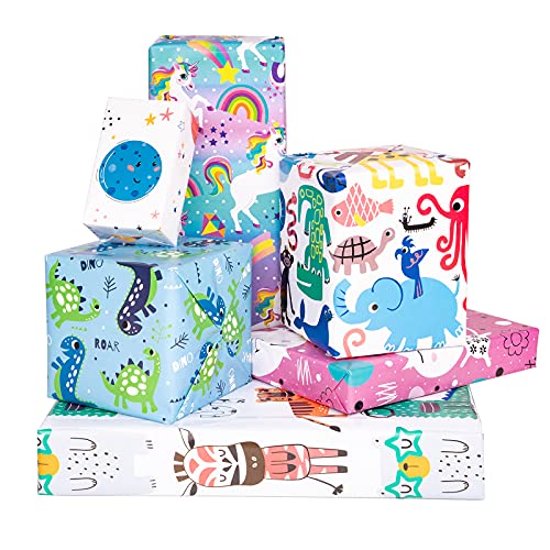 BIOBROWN Blue Wrapping Paper Sheet FoldedĀ Flat 6 Different Adorable Animal Design (45.2 sq ft.TTL) 27.5 inch X 39.4 inch Per Sheet