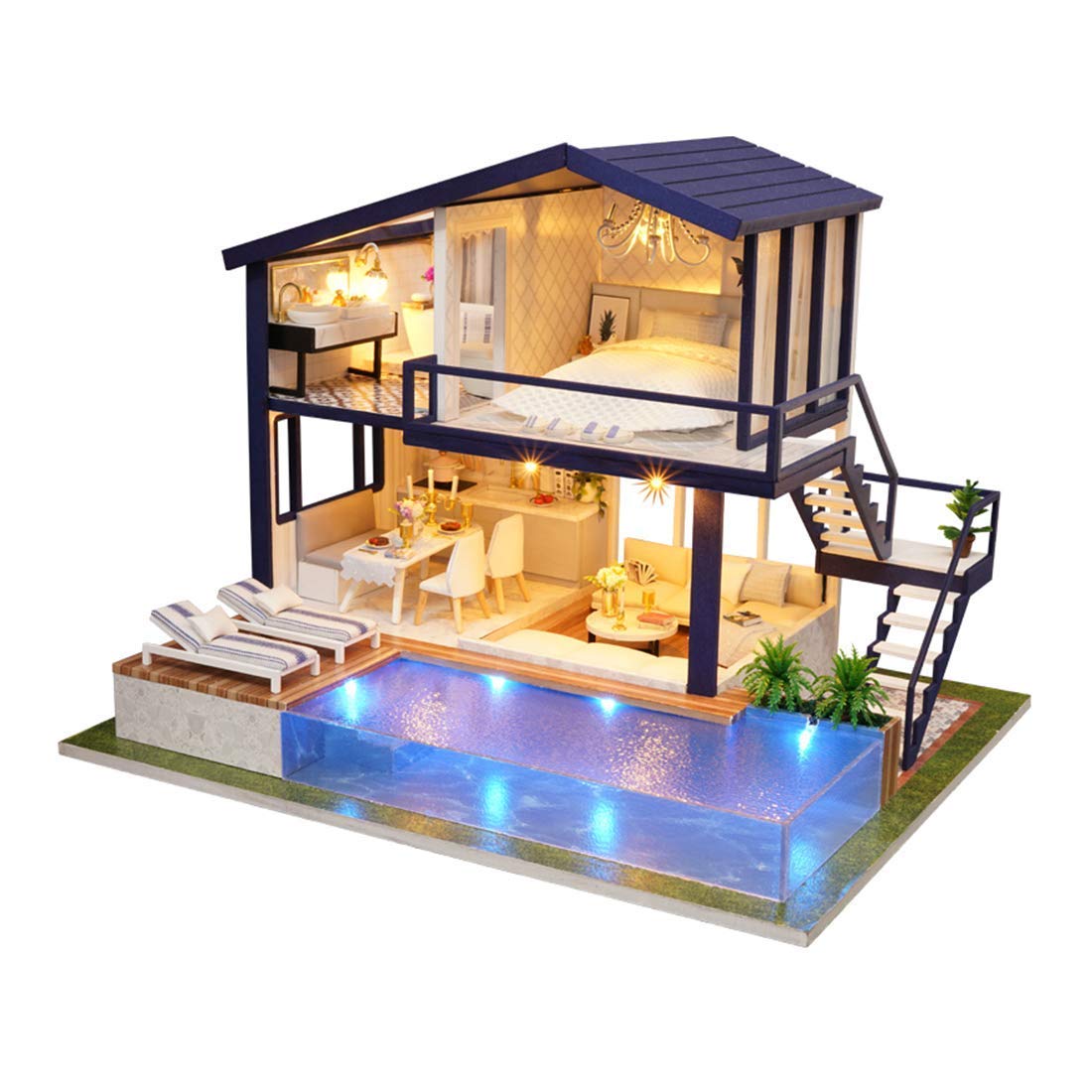 DIY Miniature Dollhouse Kit,UniHobby Time Apartment DIY Dollhouse Kit with Wooden Furniture Light Gift House Toy for Adults