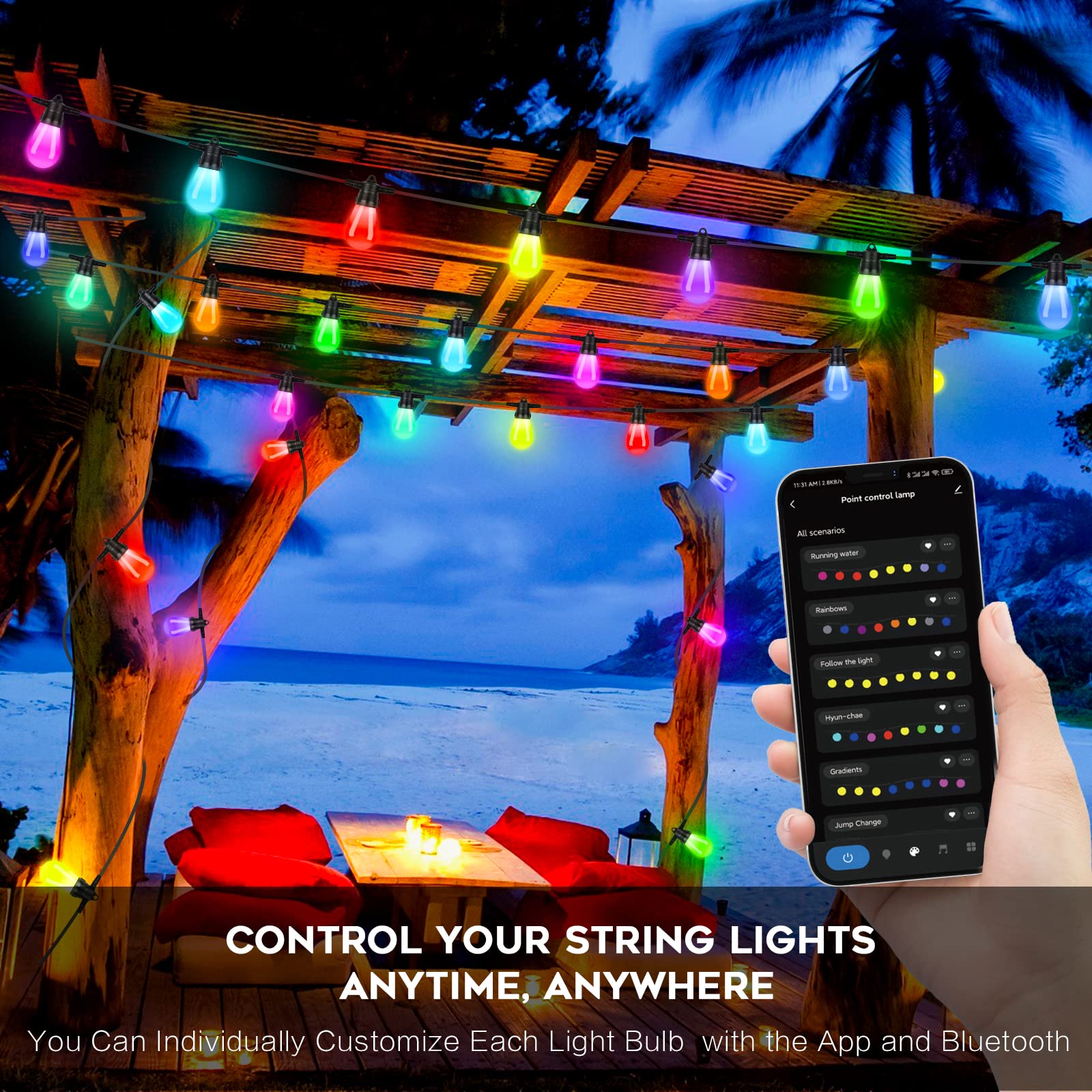 SOVELA Smart Outdoor String Lights, RGB String Lights 48ft 15 LED Bulbs, APP Control Compatible with Alexa, Music Sync Color Changing, Strand for Patio Backyard Garden Porch Wedding Paty