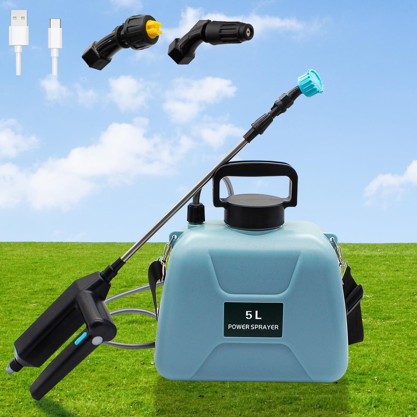 𝟳.𝟰 𝗩 Battery Powered Pump Sprayer with 3 Mist Nozzles, 1.35 Gallon Electric Garden Sprayer with USB Rechargeable Handle, Telescopic Wand, Portable Lawn Weed Sprayer with Adjustable Shoulder Strap