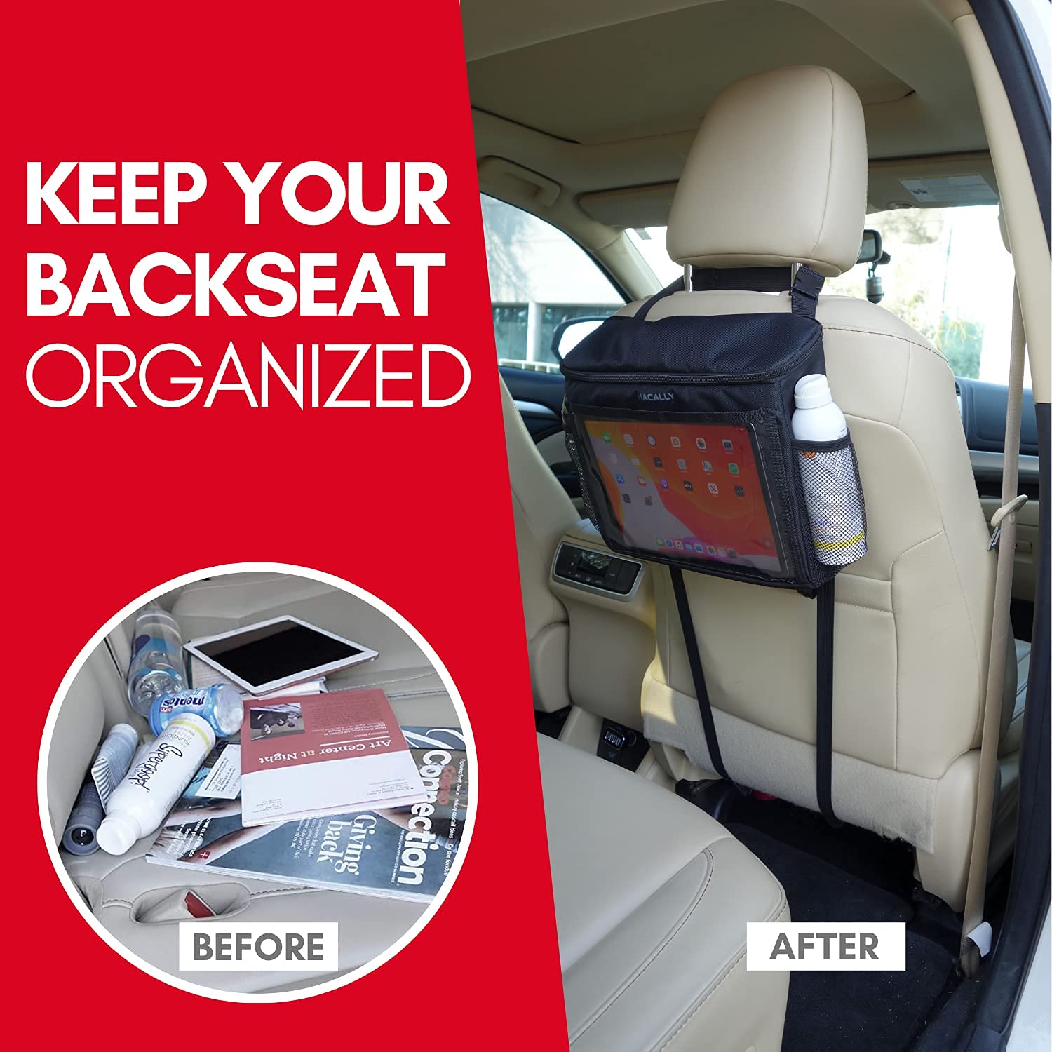Macally Tablet Holder for Car Back Seat - A Must Have Organizer and Rear Facing Backseat iPad Holder for Kids on Long Drives - Hanger Case Compatible with Any Vehicle Headrest and Tablets up to 10.5”