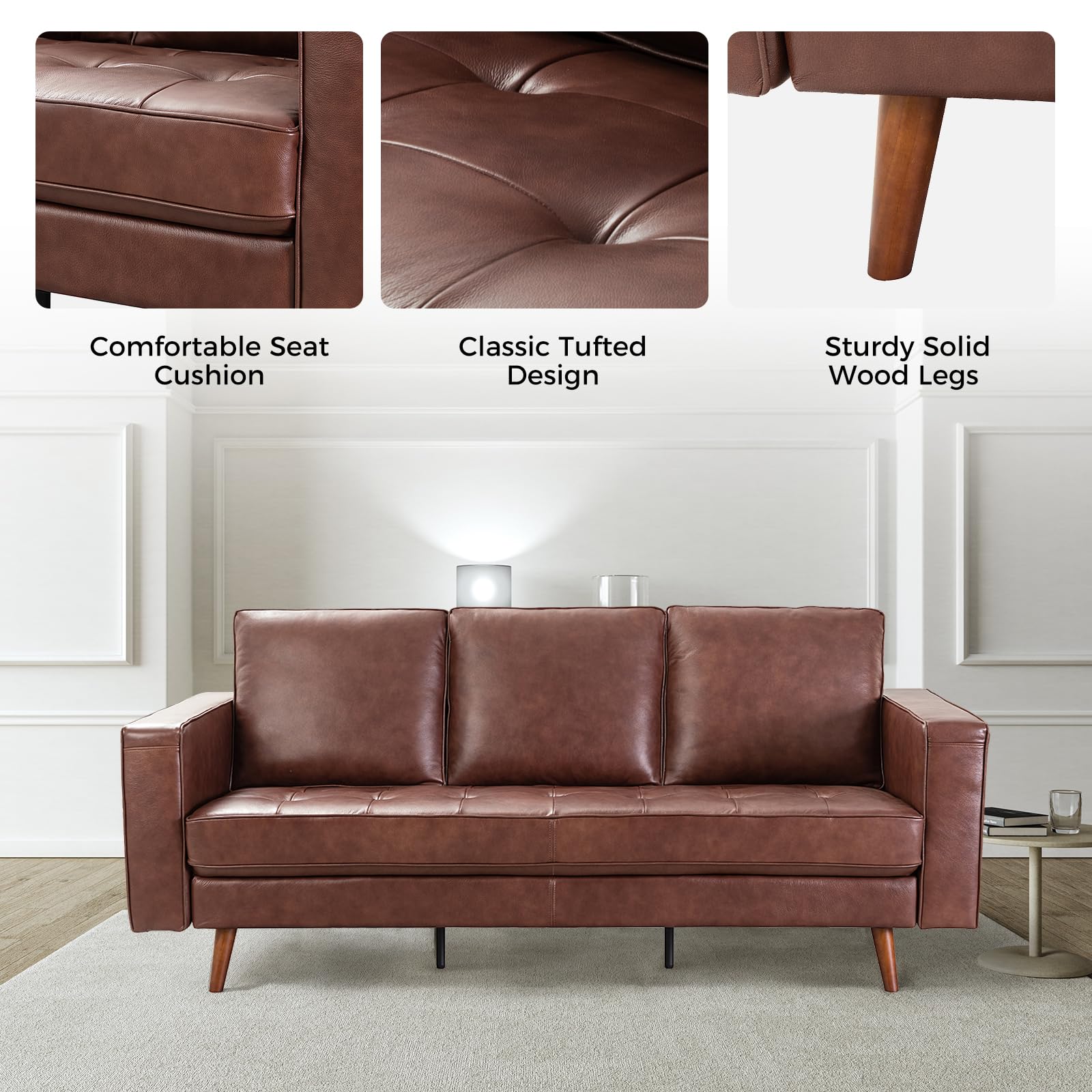 HULALA HOME 82" W Genuine Leather Sofa for Living Room, Contemporary Sofa 3 Seater Sofa ,Tufted Leather Couch with Solid Wood Legs,Navy
