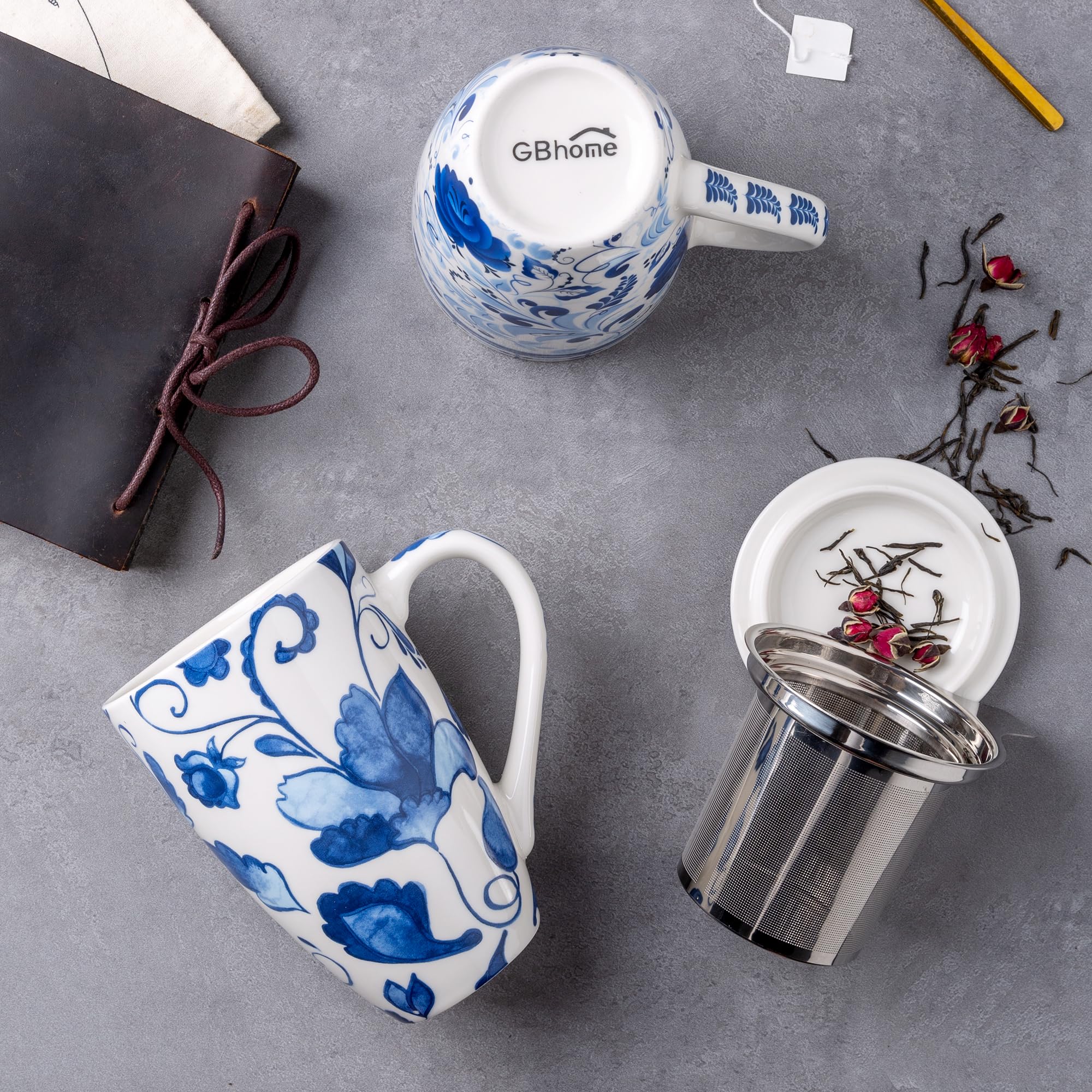 GBHOME Tea Mug with Infuser and Lid, 18 Ounce Large Ceramic Loose Leaf Tea Cup, Microwave, Dishwasher Safe Tea Steeping Mug, Pefect Gift For Tea Lover.