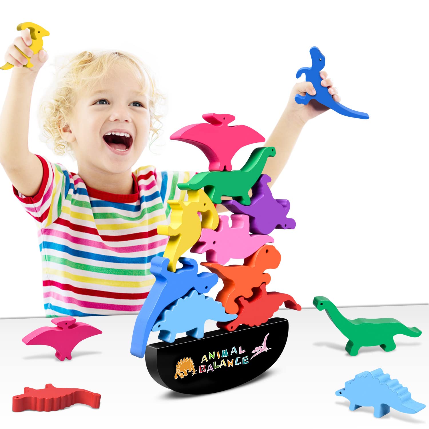 FFTROC Wooden Stacking Dinosaur Toys and Large Size Dinosaur Toys for Boys Cars