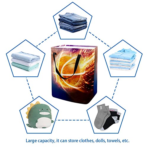Burning Basketball Glowing Lights Print Collapsible Laundry Hamper, 60L Waterproof Laundry Baskets Washing Bin Clothes Toys Storage for Dorm Bathroom Bedroom