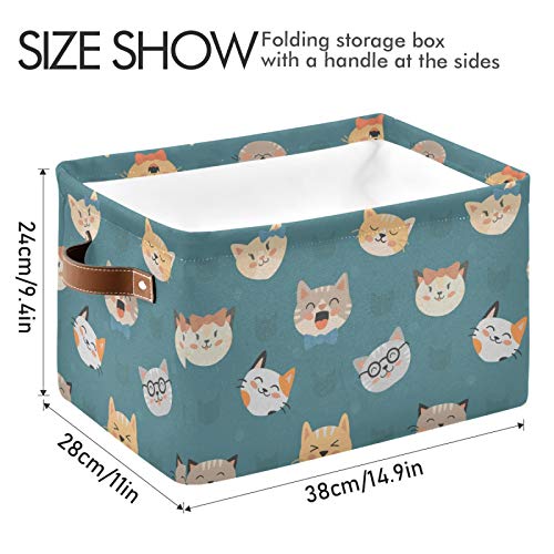 MNSRUU Storage Basket Cat Heads Collapsible Organizer Basket with PU Handles, Waterproof Nursery Basket Storage Bin for Shelves for Organizing Closet