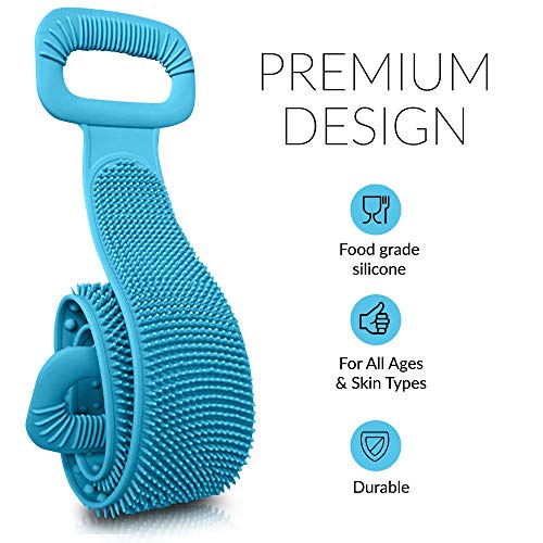 Exfoliating Back Scrubber, Silicone Body & Back Scrubbing Brush for Acne Sweat Blackheads, Double Sided Cleaning Shower Strap, Silicone Scrubber Belt for Bath & Shower, Extra Long Length 30” (Blue)