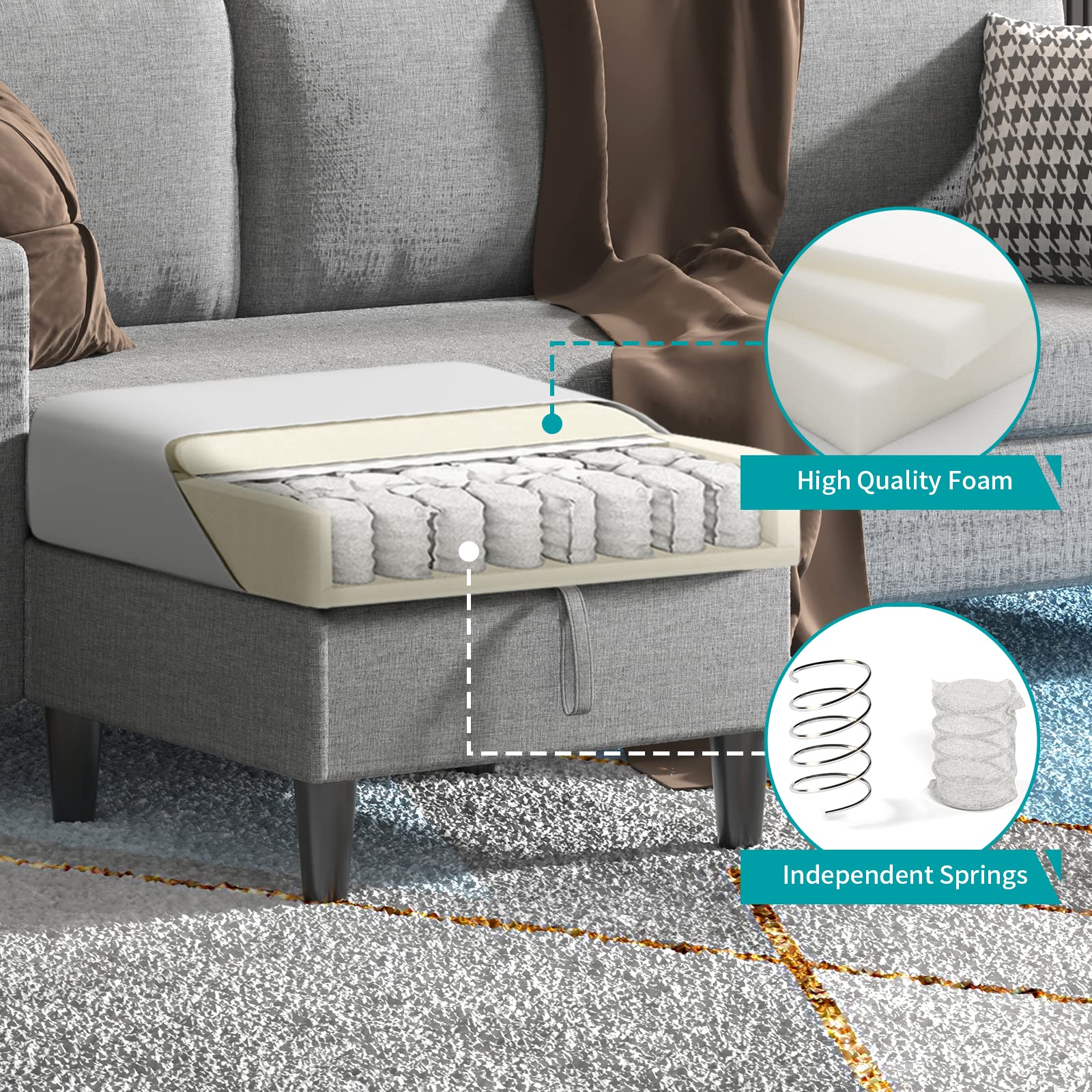 BALUS Convertible Sectional Sofa Couch, 3-Seat L-Shaped, Free-Form with Movable Storage Ottoman, Modern Design for Living Room and Office Spaces, Comfortable and Versatile(Light Gray)