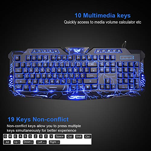 BlueFinger Gaming Keyboard and Mouse,USB Wired Backlit Gaming Mouse and Keyboard Combo,Letters Glow, 3 Color Crack Backlit,Illumination Keyboard and Mouse Set for Game and Work